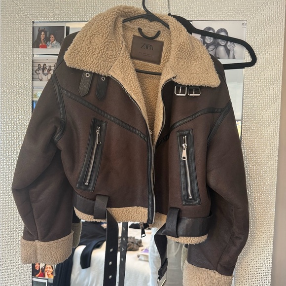 Zara | Jackets & Coats | Zara Dark Brown Leather Shearling Jacket ...